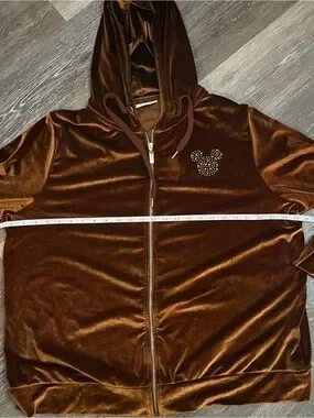 Tops | Disney Mickey Mouse Rhinestone Hoodie Brown Velourlook Zip Up ...
